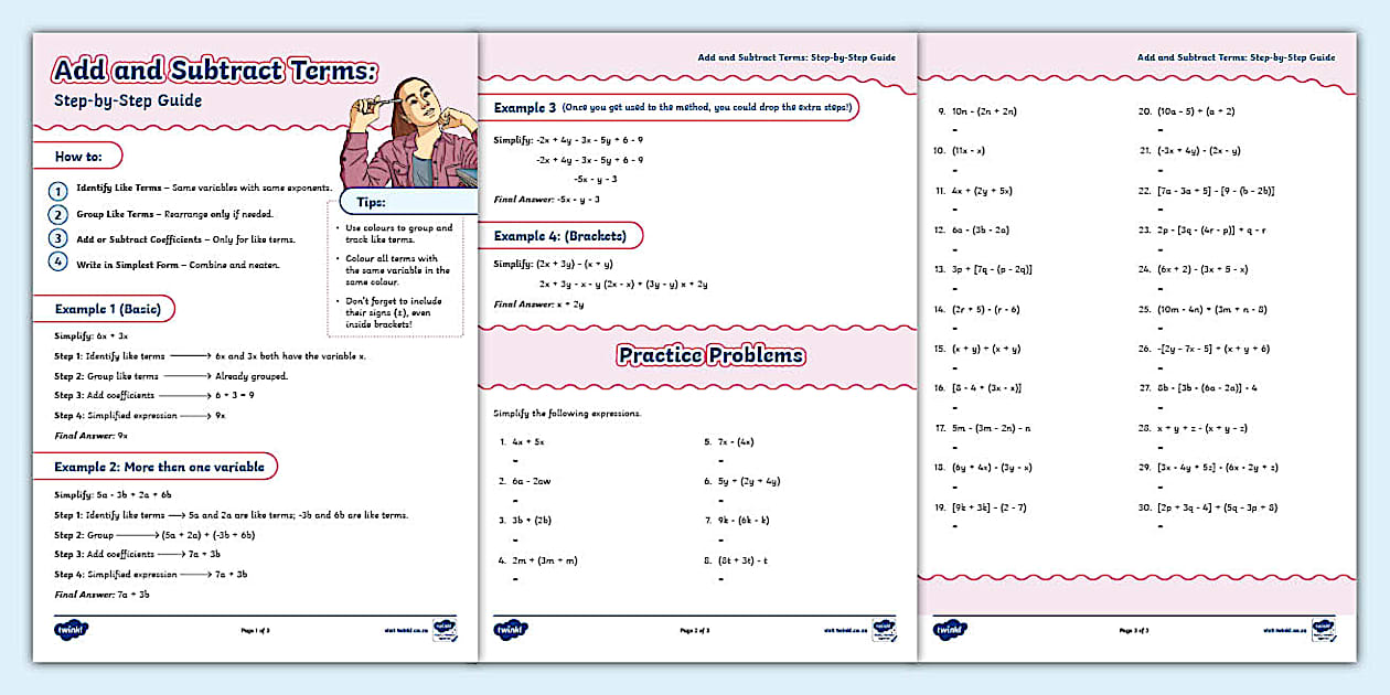 Add and Subtract Like Terms – Step-by-Step Worksheet