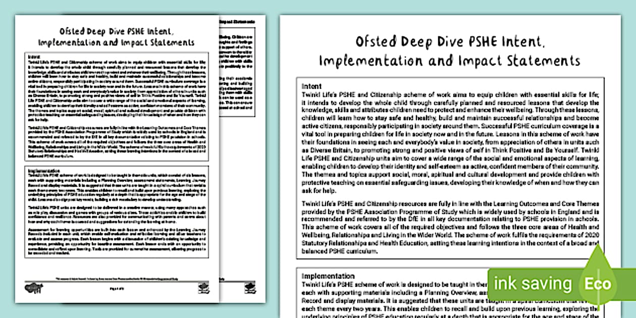 PSHE Deep Dive Curriculum Intent, Implementation and Impact