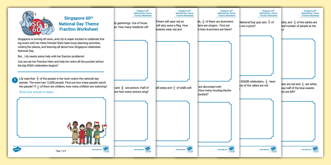SG60 Singapore National Day Fraction Worksheet - Twinkl
