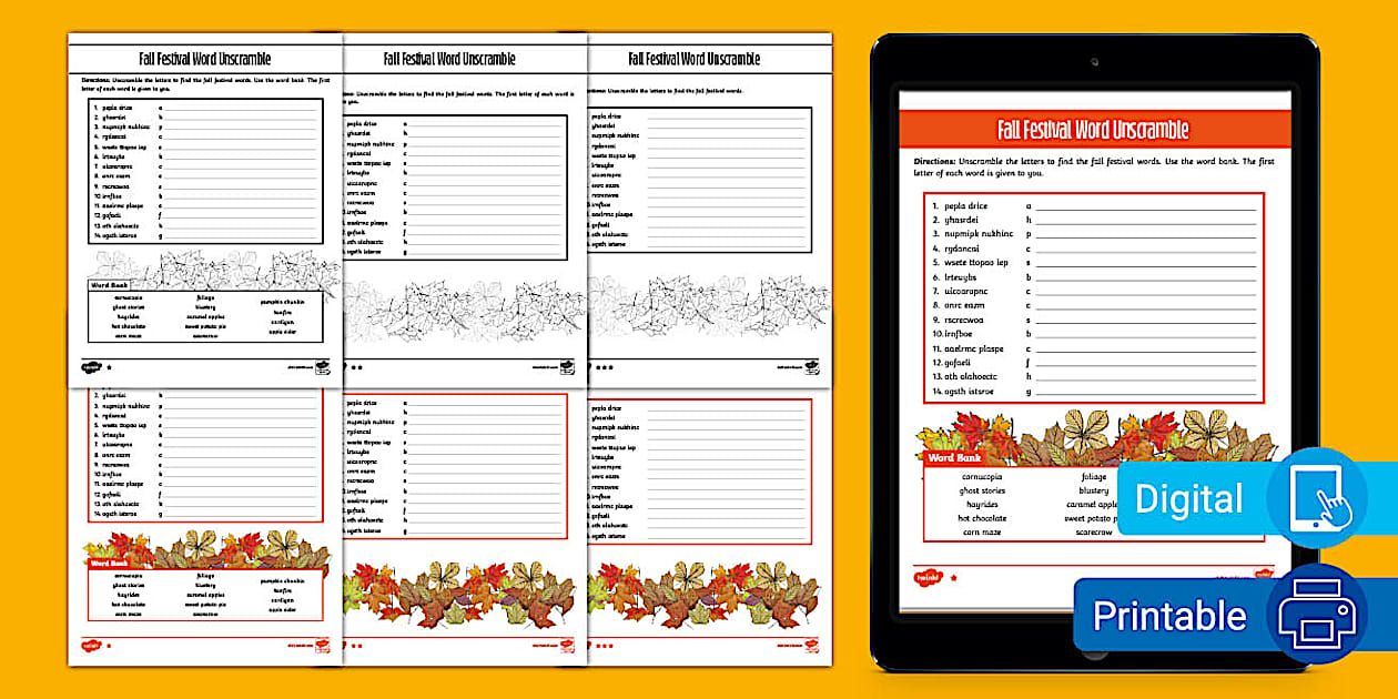 Fall Festival Differentiated Word Unscramble 6th-8th Grade