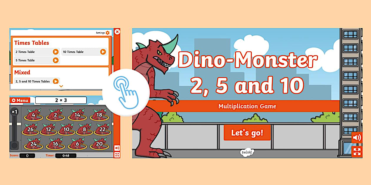 Dino-Monster 2, 5 and 10 Interactive Multiplication Game
