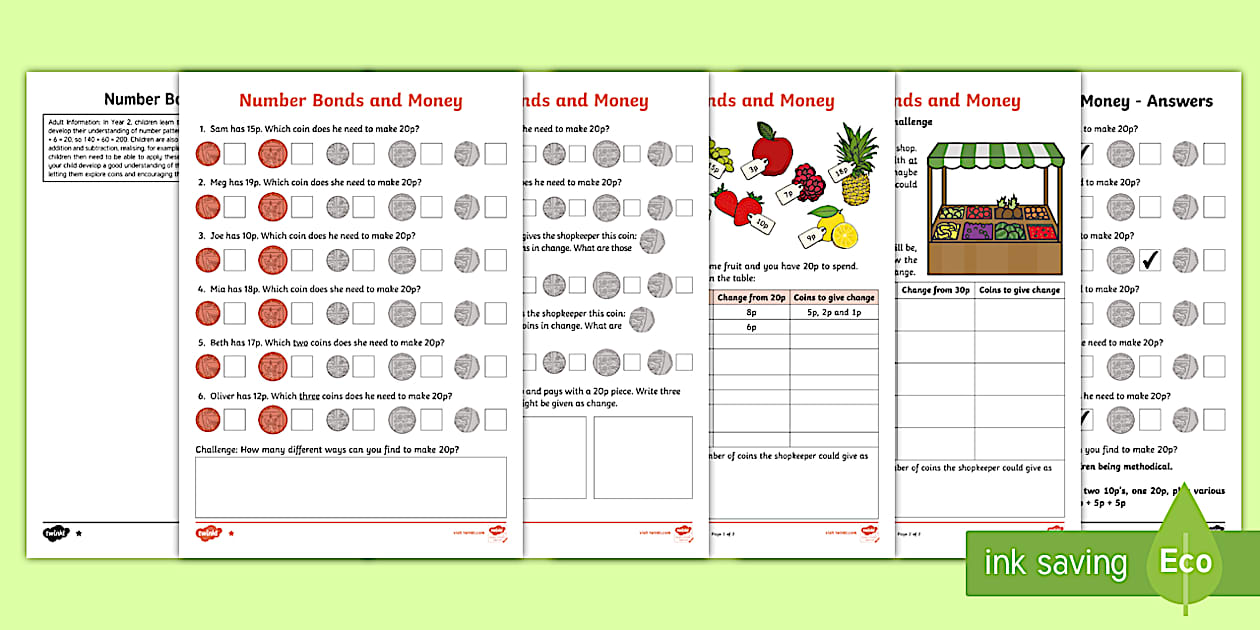 Year 2 Maths Number Bonds and Money Activity Sheet - Twinkl