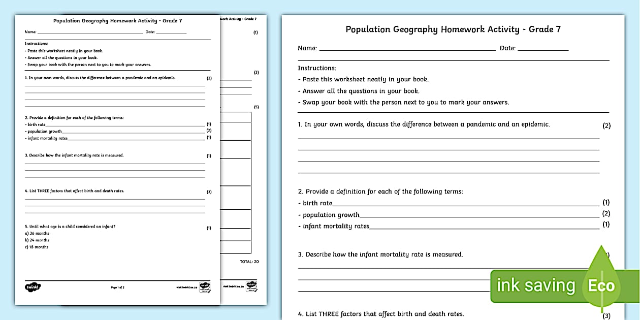 Population Geography Homework Activity Grade 7 Twinkl