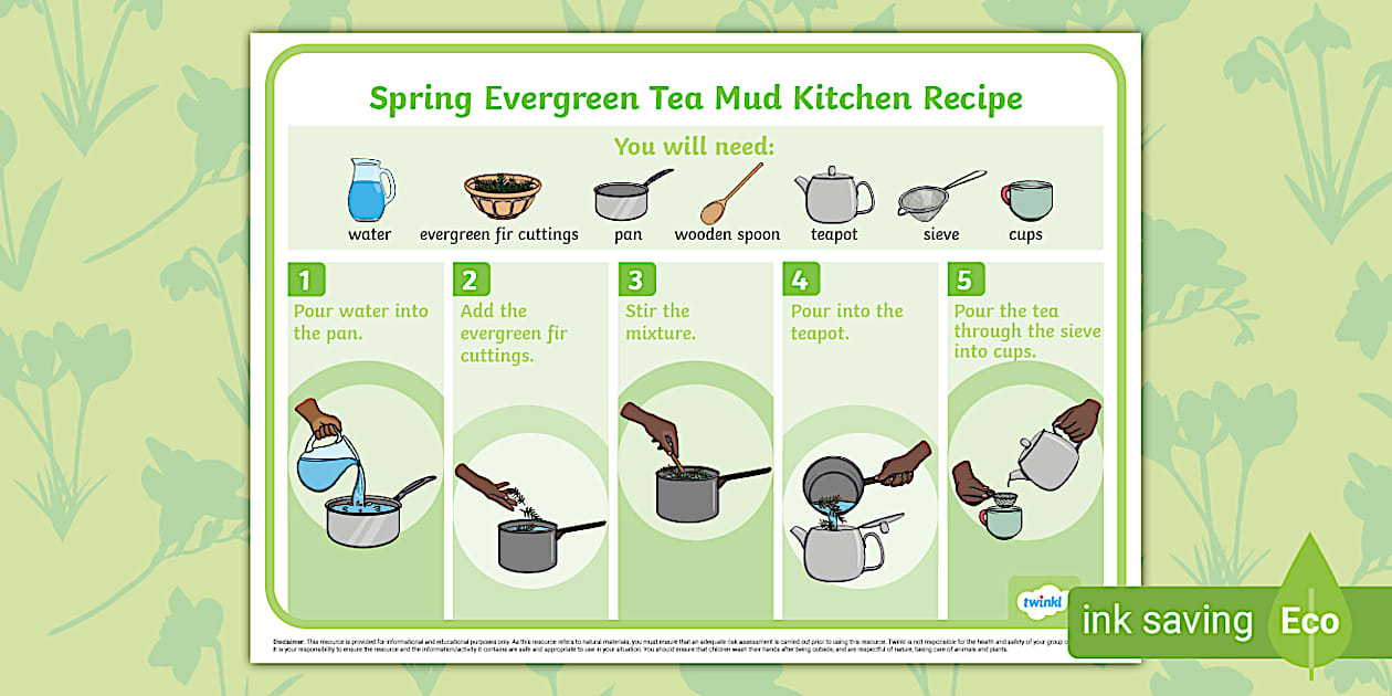 Spring Evergreen Tea Mud Kitchen Prompt Card Recipe | Twinkl