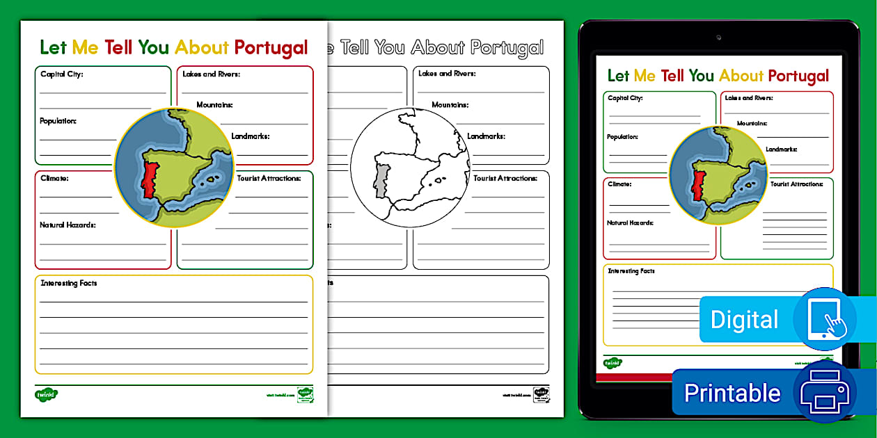 Let Me Tell You About Portugal Research and Write Worksheet for K-2nd Grade