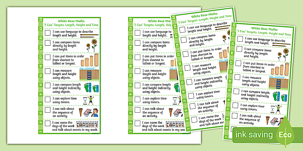 EYFS Maths 'I Can' Target Bookmarks Length, Height and Time