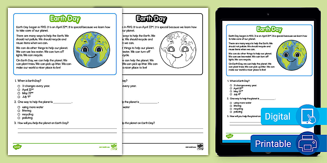 Kindergarten Earth Day Passage Reading Comprehension Worksheet