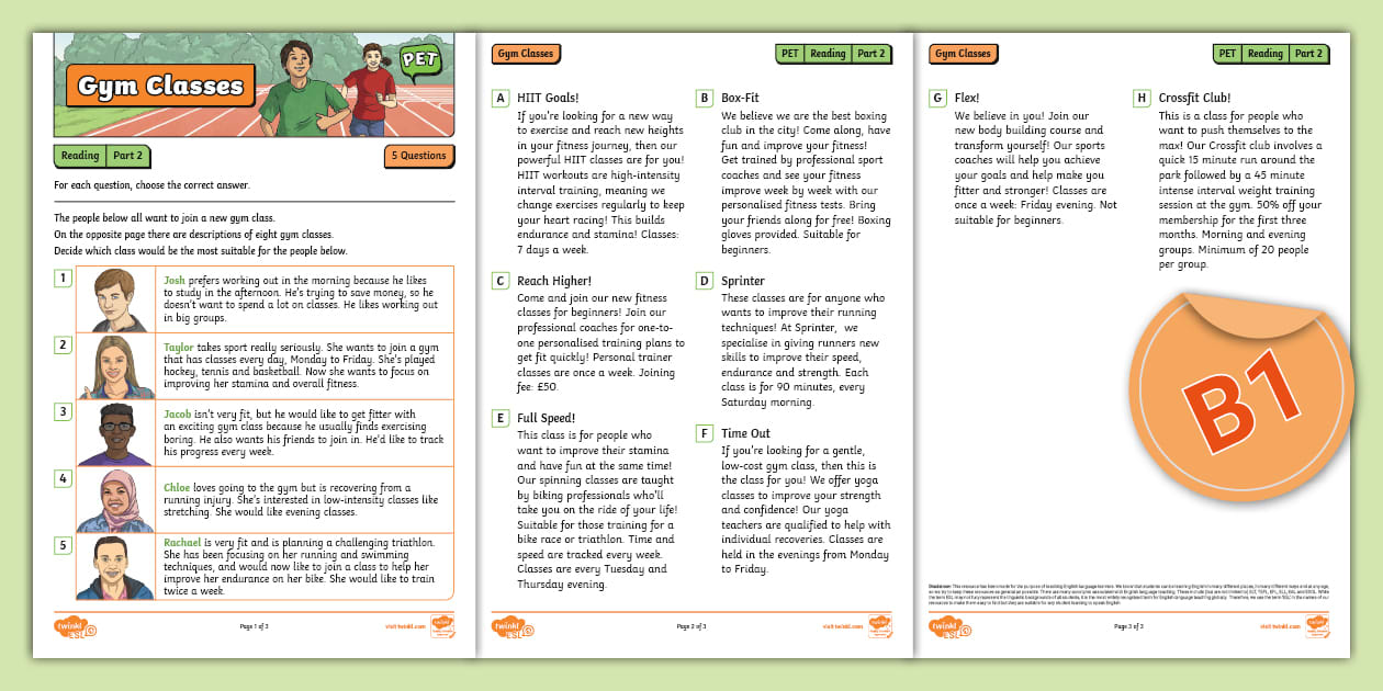 B1 PET Reading Part 2 - Gym Classes (teacher made) - Twinkl