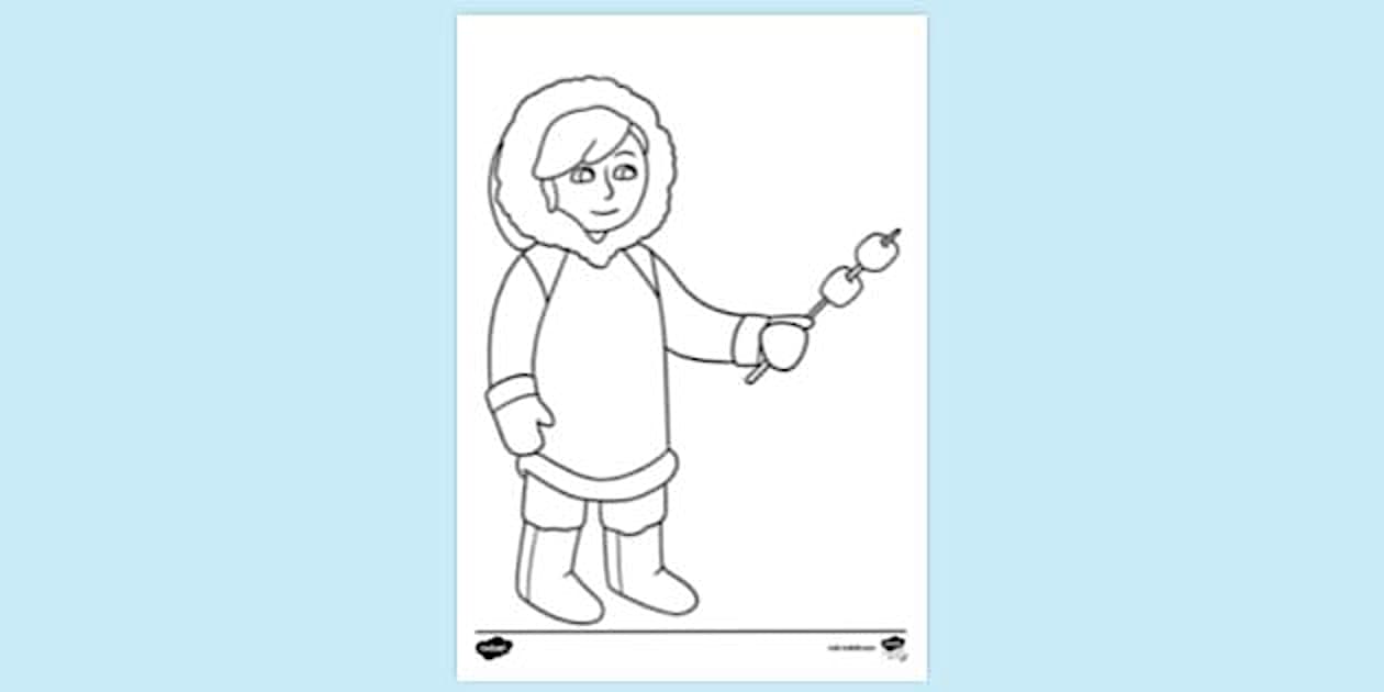 Inuit with Marshmallow Stick Colouring Sheet - Twinkl