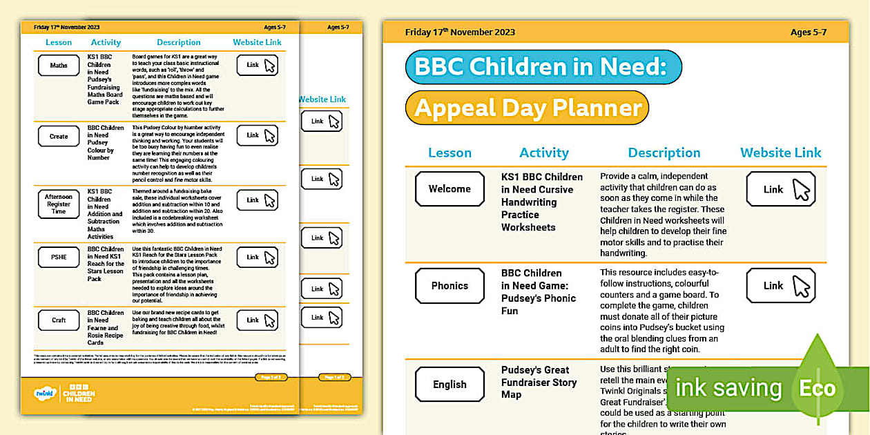 FREE! - BBC Children in Need: Appeal Day Planner (Ages 5-7)