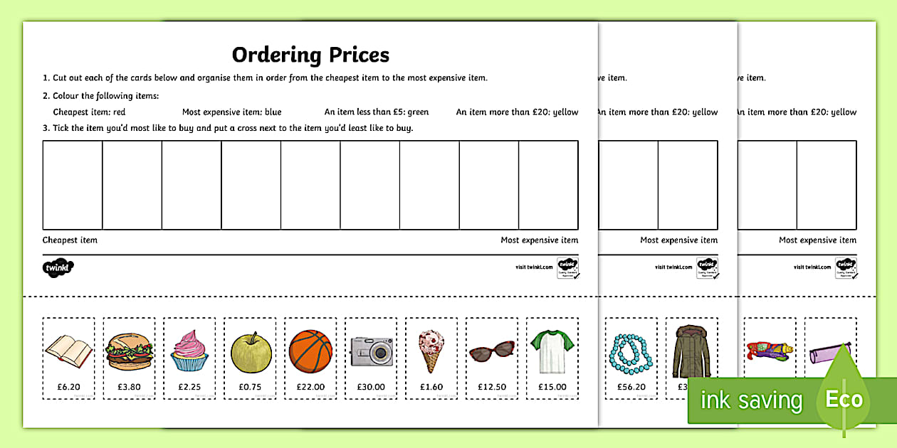 Cut and Order Items Worksheet (teacher made) - Twinkl