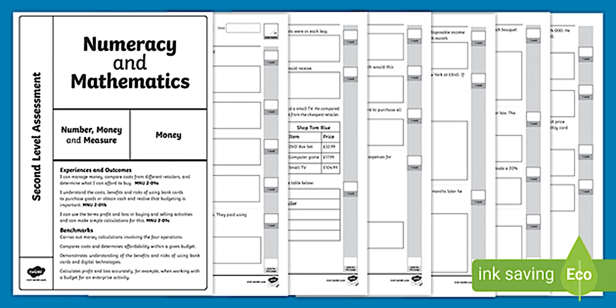 Editable Second Level Numeracy and Mathematics Assessment - Money