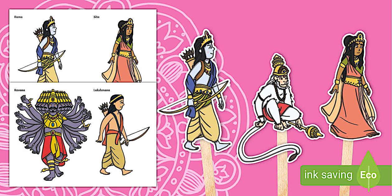 Black and White Hindu Diwali Rama and Sita Story Puppets