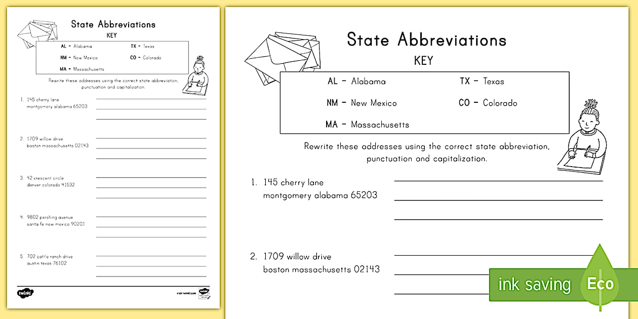 State Abbreviations in Addresses Worksheet (teacher made)