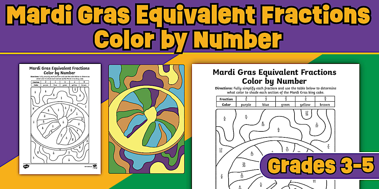 Mardi Gras Equivalent Fractions Color by Number Worksheet