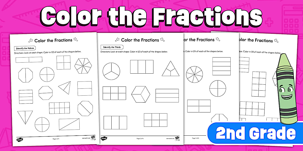 Second Grade Color the Fractions Worksheet