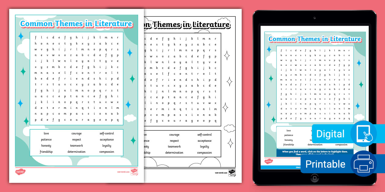 Common Themes in Literature Word Search for 3rd-5th Grade