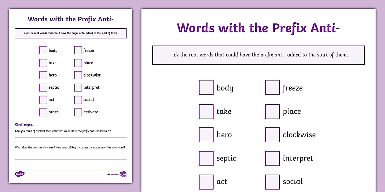 A Word with the Prefix Anti- Activity Sheet (teacher made)