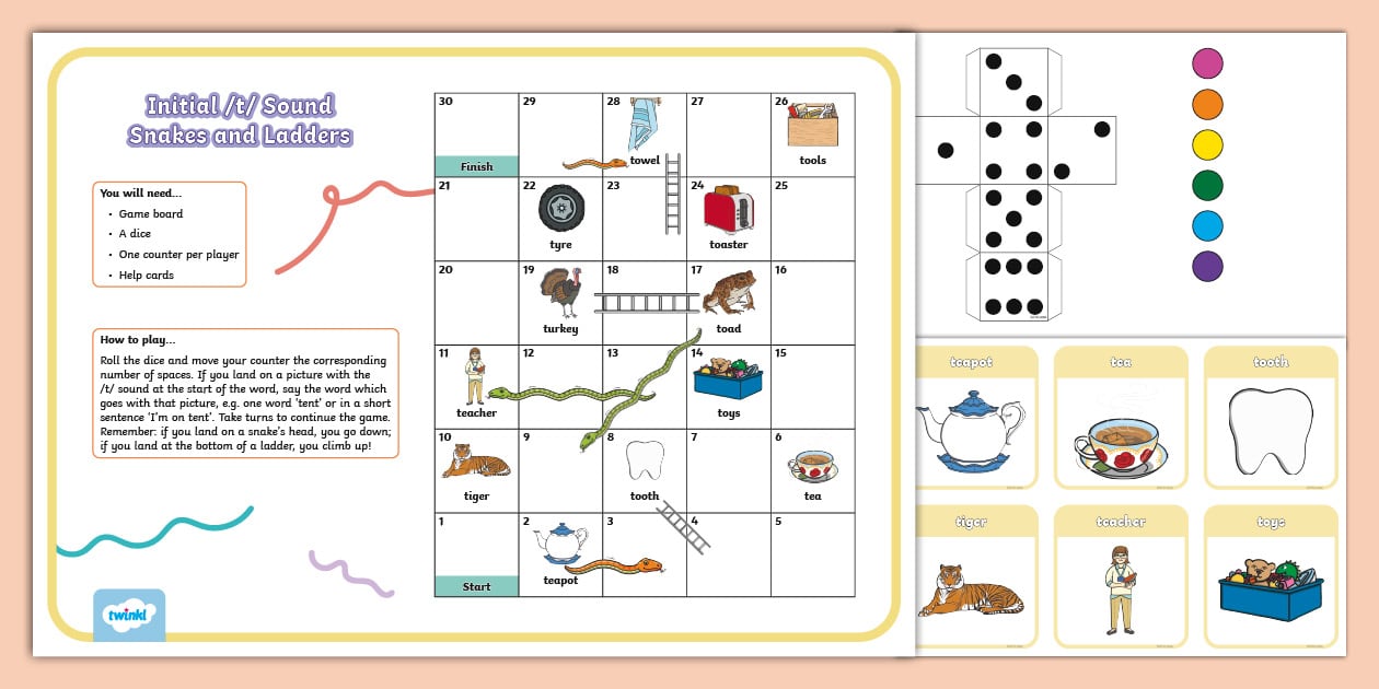 Initial /t/ Sound Snakes and Ladders (teacher made) - Twinkl