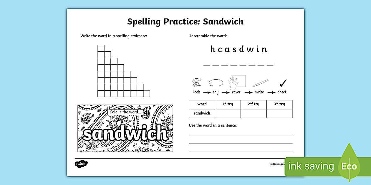 Sandwich Spelling Practice Worksheet (teacher made) - Twinkl