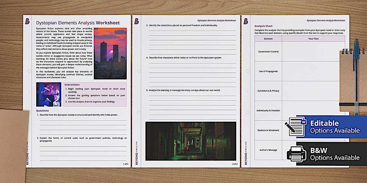 Dystopian Elements Analysis Worksheet (teacher made)