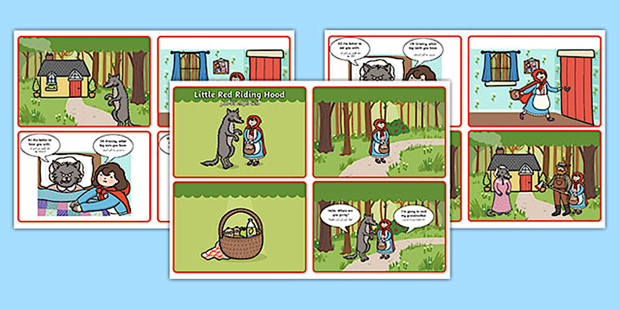Little Red Riding Hood Story Sequencing 4 per A4 Speech Bubbles Arabic