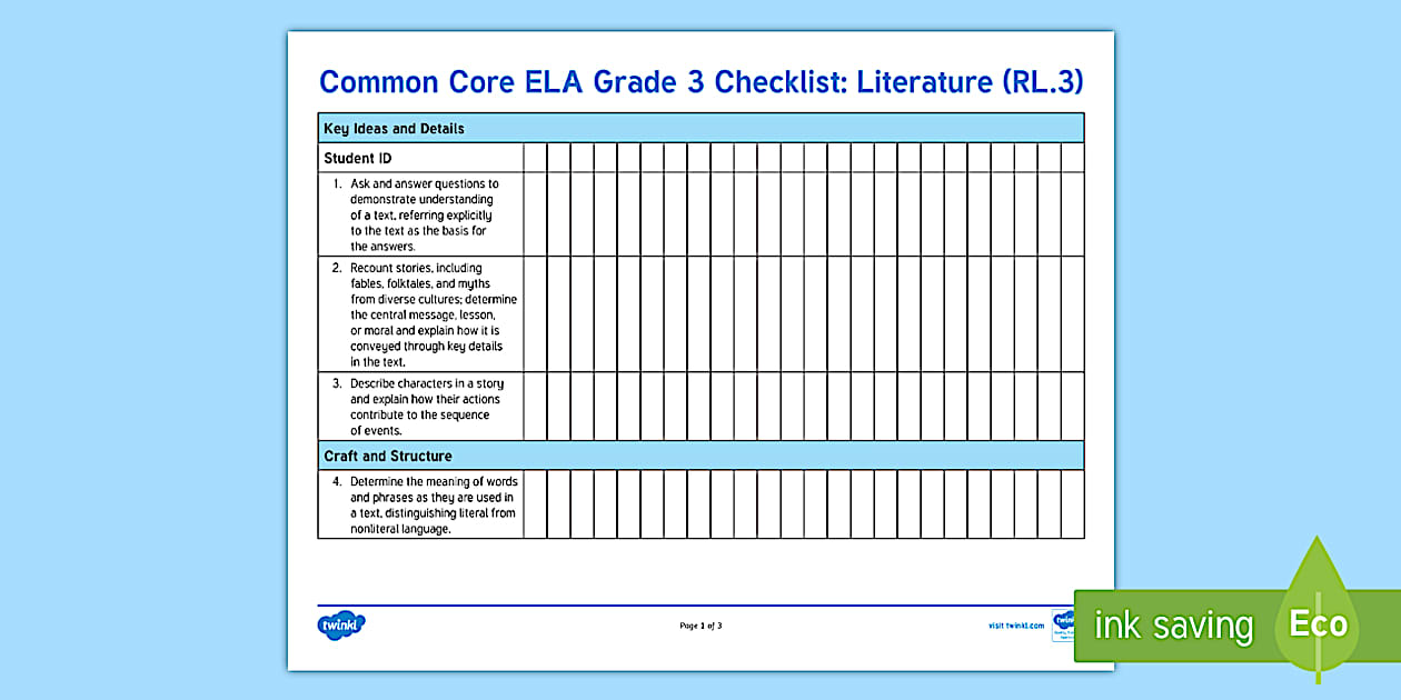 Common Core ELA Third Grade Standards Student Checklist