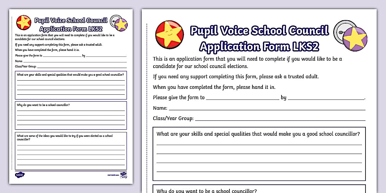 Pupil Voice School Council Application Form LKS2 - Twinkl