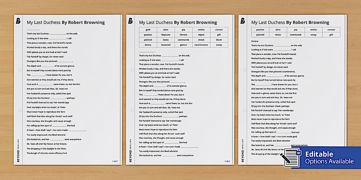 My Last Duchess Poem | GCSE Cloze Activity Sheet - Twinkl