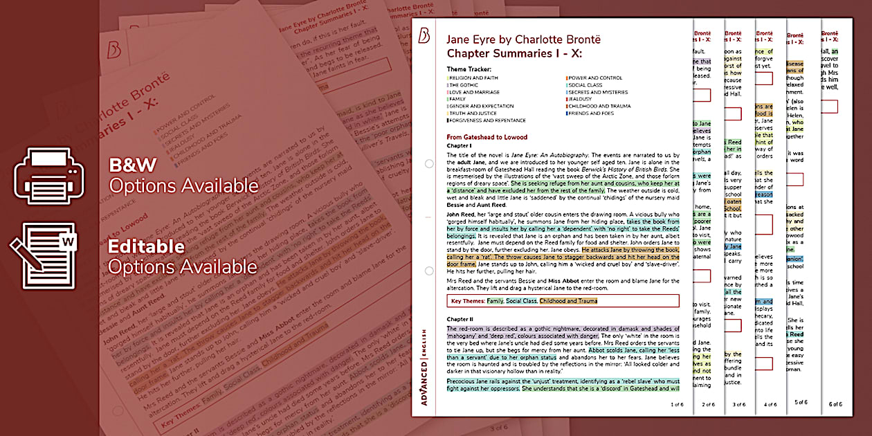 Jane Eyre Revision: Chapter Summaries I to X (teacher made)