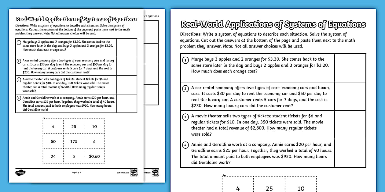Eighth Grade Real-World Applications of Systems of Equations Cut and Paste