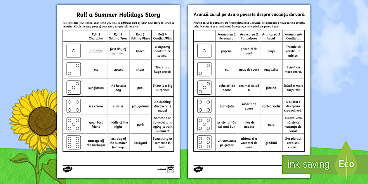 Roll a Summer Holidays Story Storyboard Template English/Romanian