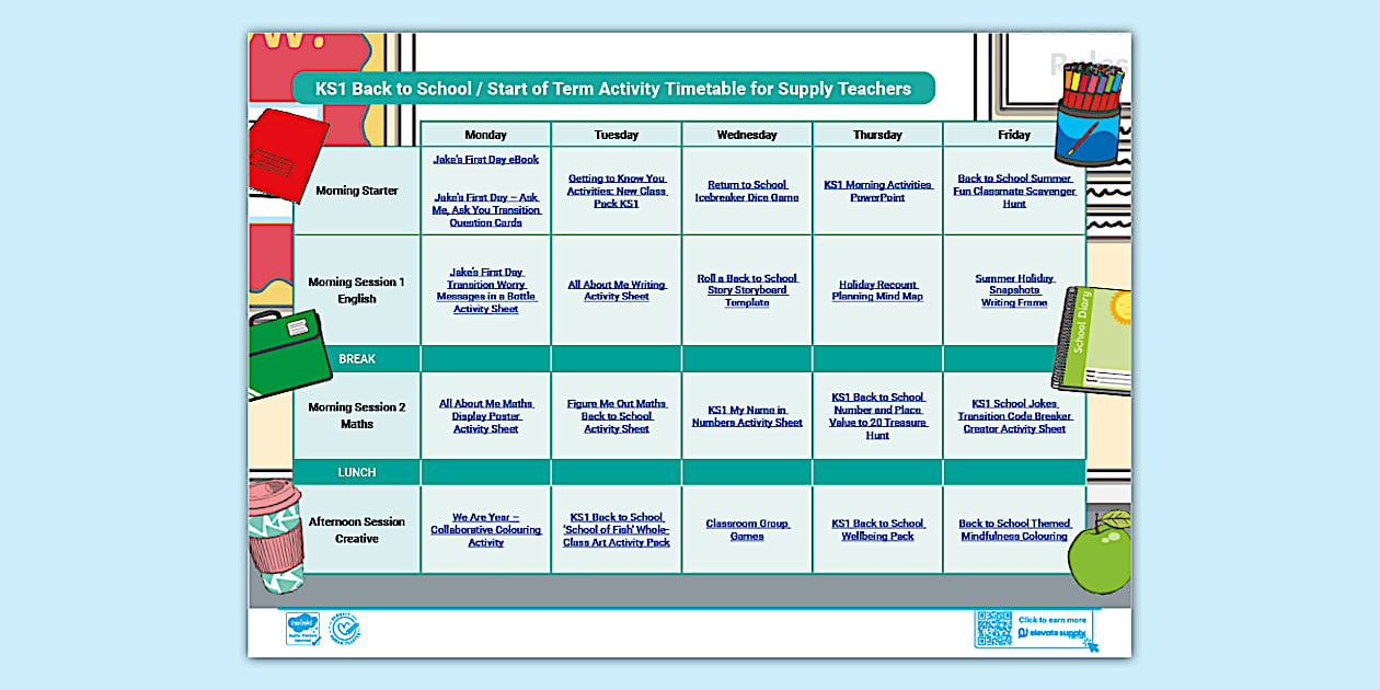 KS1 Back to School Activity Timetable for Supply Teachers