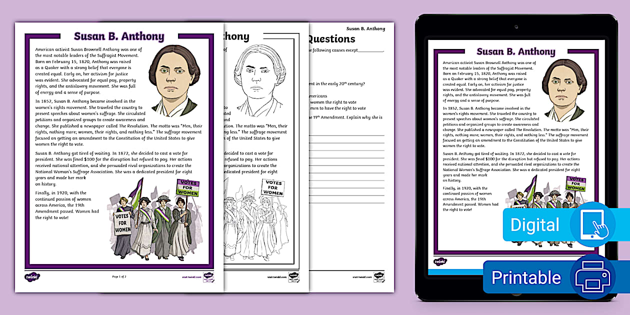 6th Grade Susan B. Anthony Reading Comprehension | Twinkl