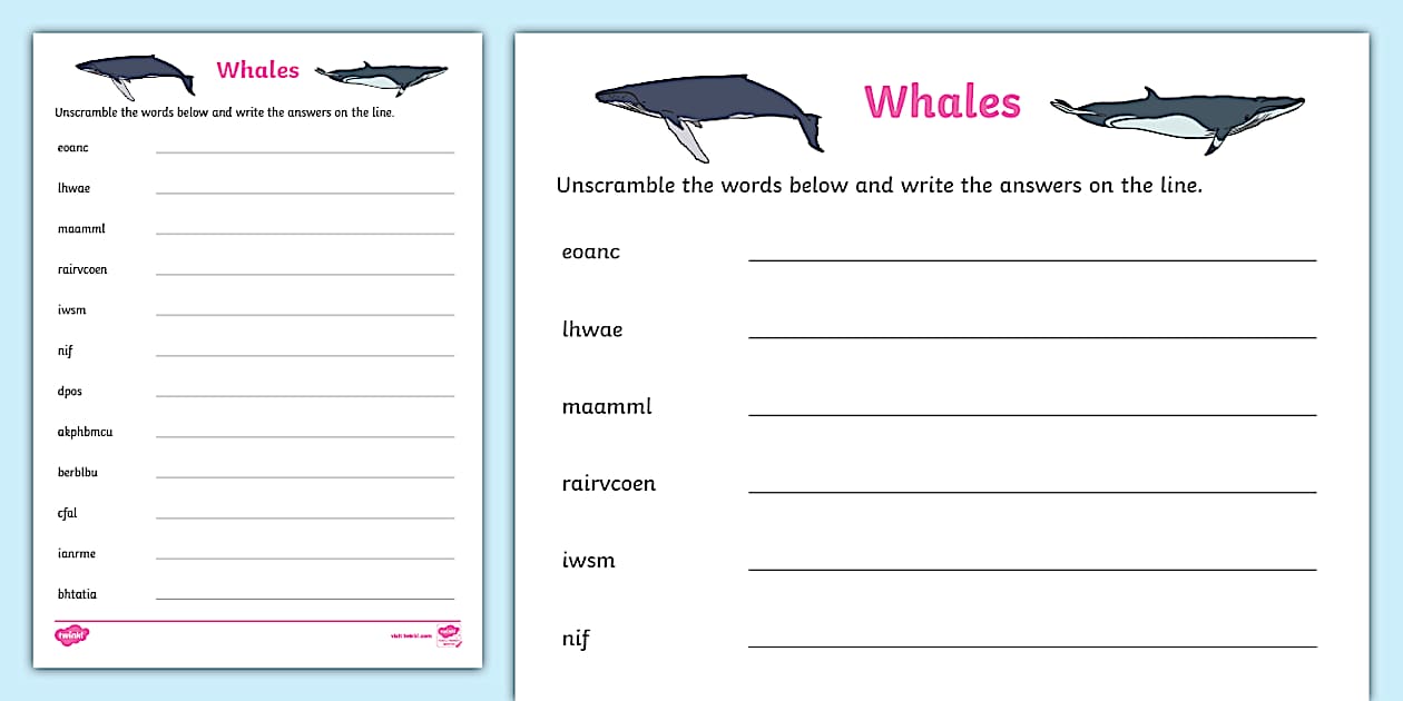 Word Unscramble: Whales Activity (Teacher-Made) - Twinkl