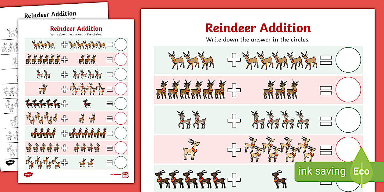 👉 Reindeer Addition Worksheet (teacher made) - Twinkl