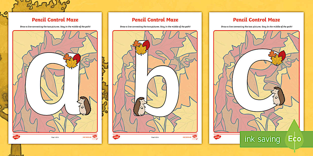 Autumn Themed Pencil Control Alphabet Maze Worksheets