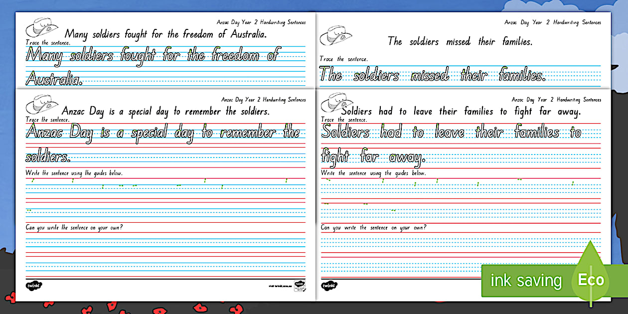 VIC Anzac Day Year 2 Handwriting Worksheets - Twinkl
