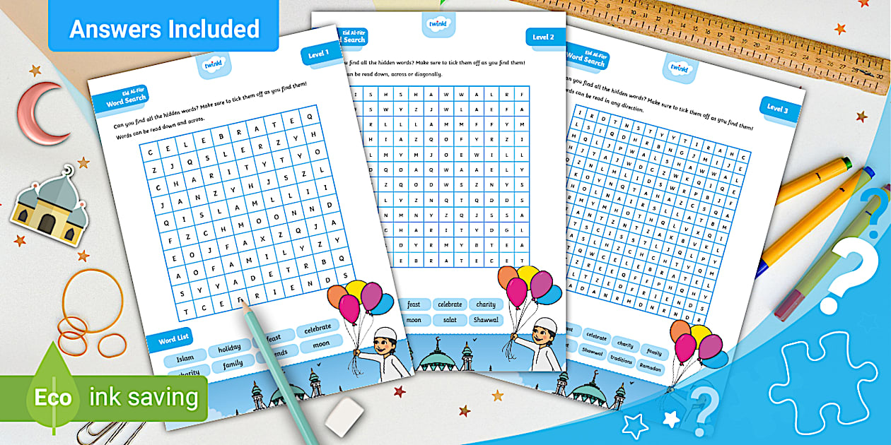 Eid Al-Fitr Kids Wordsearch Pack - All Difficulties - Twinkl