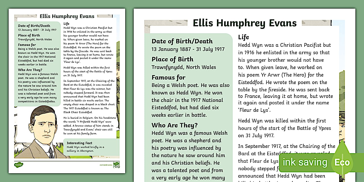 Hedd Wyn Fact File - Hedd Wyn’s Eisteddfod 1917 - Twinkl