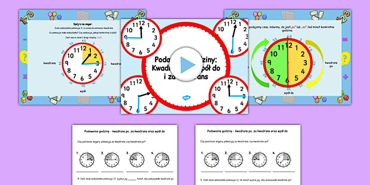 Arkusz Podawanie godziny Kwadrans, wpół, pełna godzina po polsku, worksheet