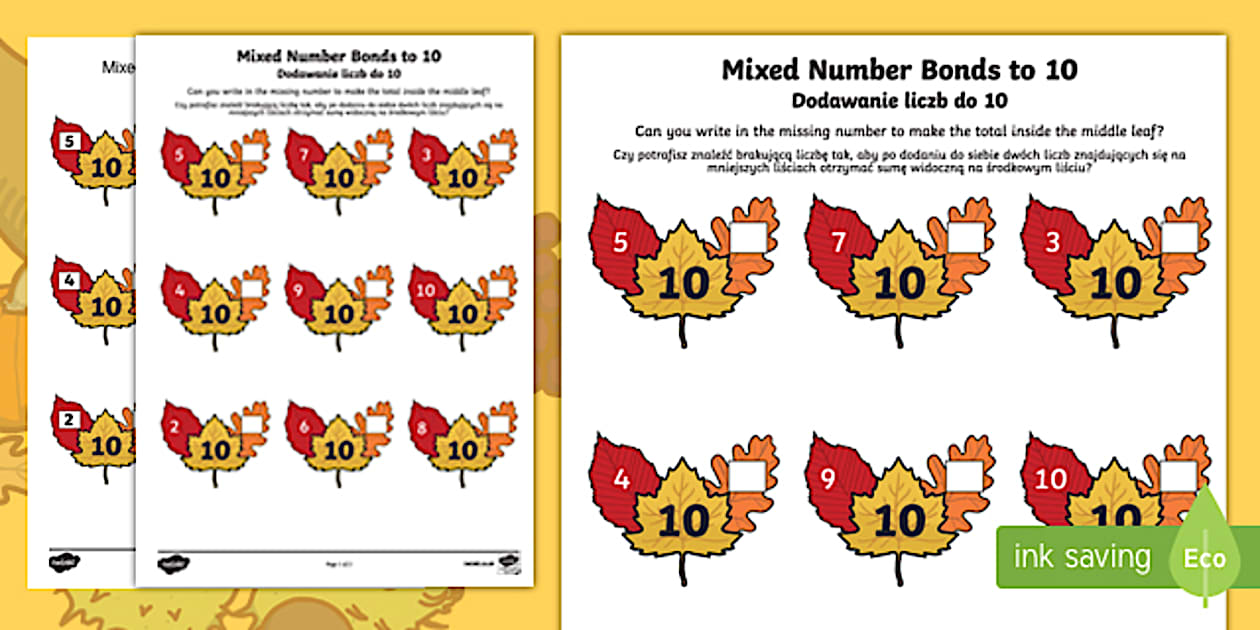 Autumn leaf mixed number bonds to 10 worksheet / worksheet English/Polish