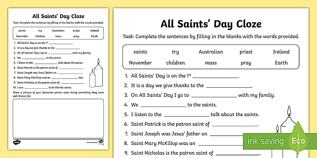 Reading for All Saints' Day | Cloze Activity | Primary