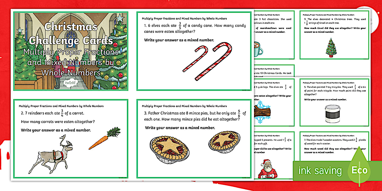 Y5 Multiplying Fractions Christmas Challenge Cards - Twinkl