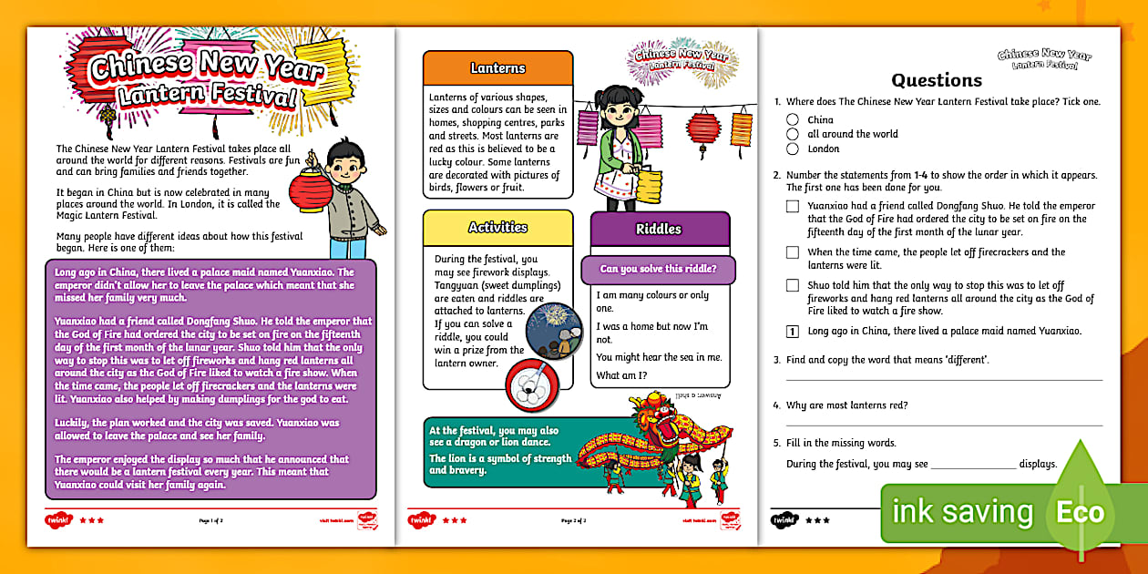 KS1 Chinese Lantern Festival Differentiated Reading Comprehension Activity