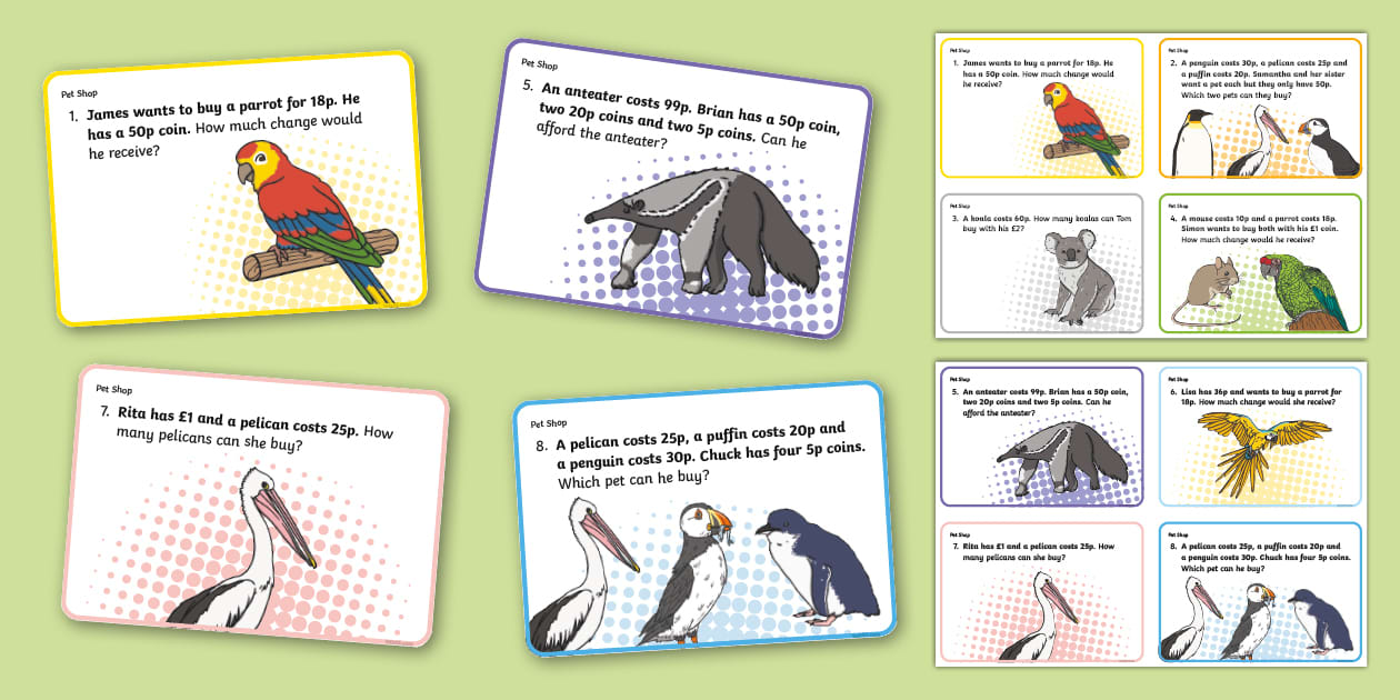 National Pet Month: Pet Shop Themed Maths Problems KS1 Challenge Cards