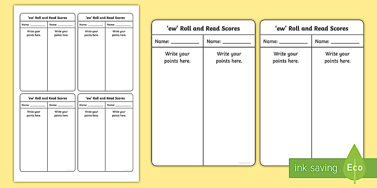 Editable 'ew' Sound Roll and Read Score Cards (teacher made)