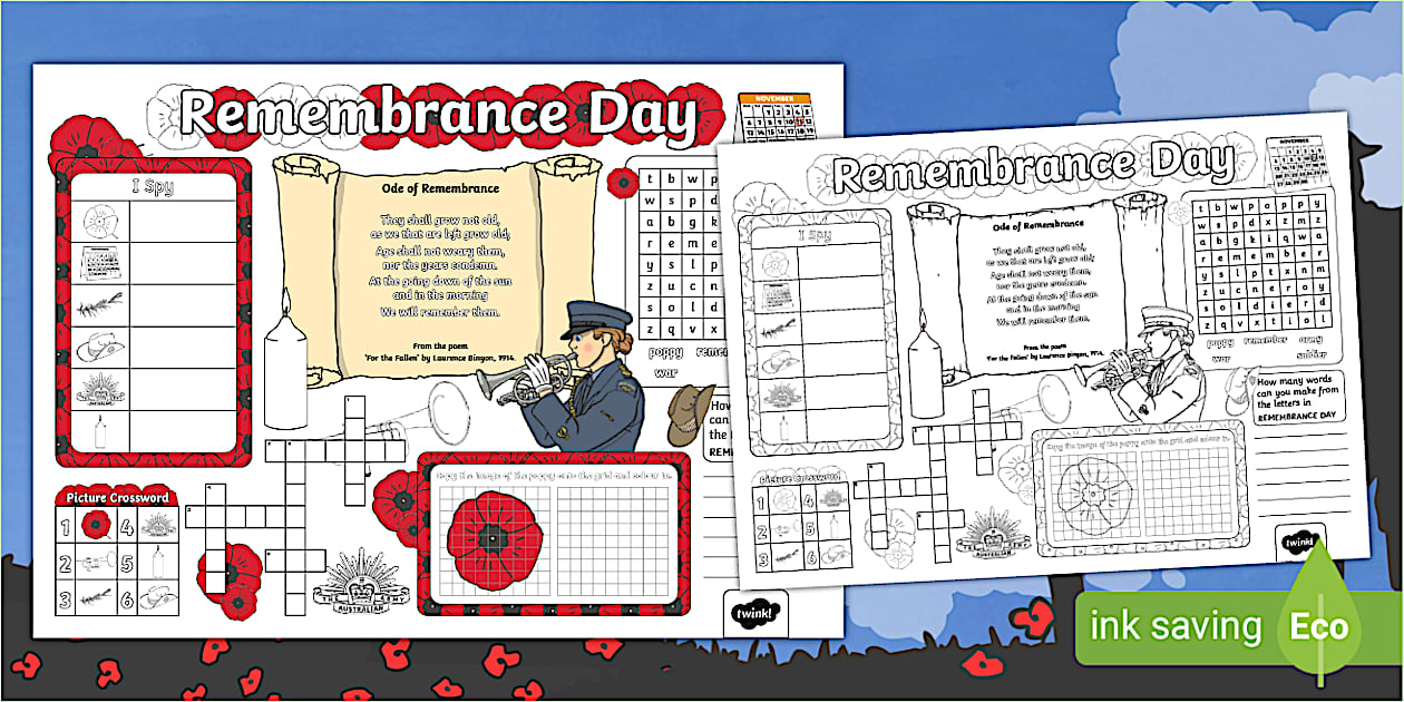 Remembrance Day Activity Mat (Year 1 and Year 2) - Twinkl