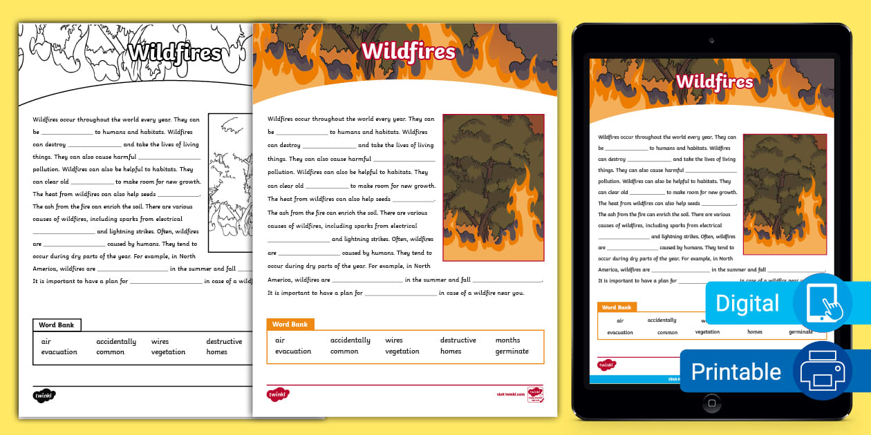 Fourth Grade Wildfires Cloze Reading Worksheet - Twinkl