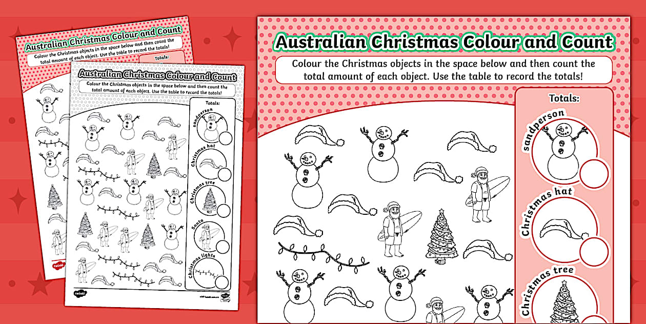 Australian Christmas Colour and Count Worksheet